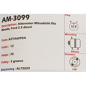 Alternator Mazda / Ford 2.5L Diesel 12V 70A A2TA - AM-3099 – Great ...