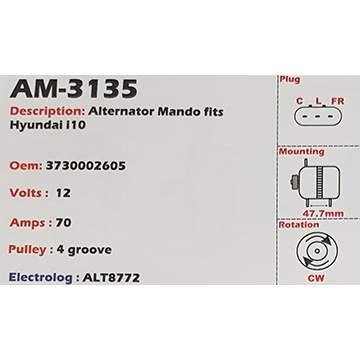 Alternator Hyundai i10 1.1L / Kia Picanto 12V 70A SG7S - AM-3135 ...