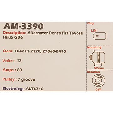 Alternator Toyota GD6 Hilux - Fortuner 2.8L turbo diesel 12V 80A - AM ...