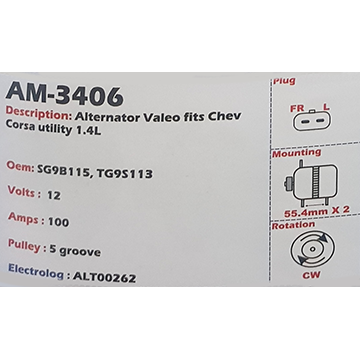 Alternator Chevrolet Utility 1.4L 12V 100A TG9S - AM-3406 – Great ...