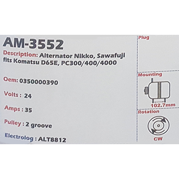 Alternator Komatsu D65E - PC300 - PC400 - PC4000 24V 35A - AM-3552 ...