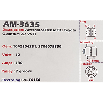 Alternator Toyota Quantum 2.7L VVTi 12V 130A - AM-3635 – Great Brands ...