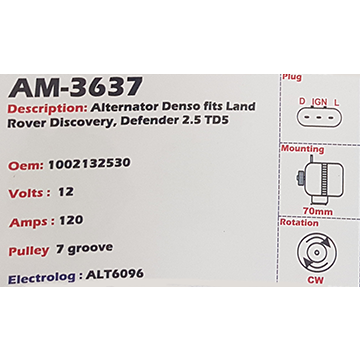 Alternator Land Rover Defender/ Discovery2.5L TD5 12V 120A - AM-3637 ...