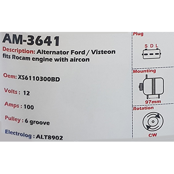 Alternator Ford Fiesta Petrol (ROCAM-ENGINE) 12V 100A - AM-3641 – Great ...