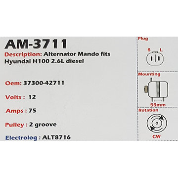 Alternator Hyundai H100 2.6L Diesel 2007 12V 75A - AM-3711 – Great ...